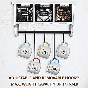 Butizone Rustic Wall Mounted Coat Rack Shelf with Hooks and Baskets, Wood Coffee Mug Storage and Display Organizer, Hanging Entryway Shelf for Coats, Hats, Towel and Keys, White