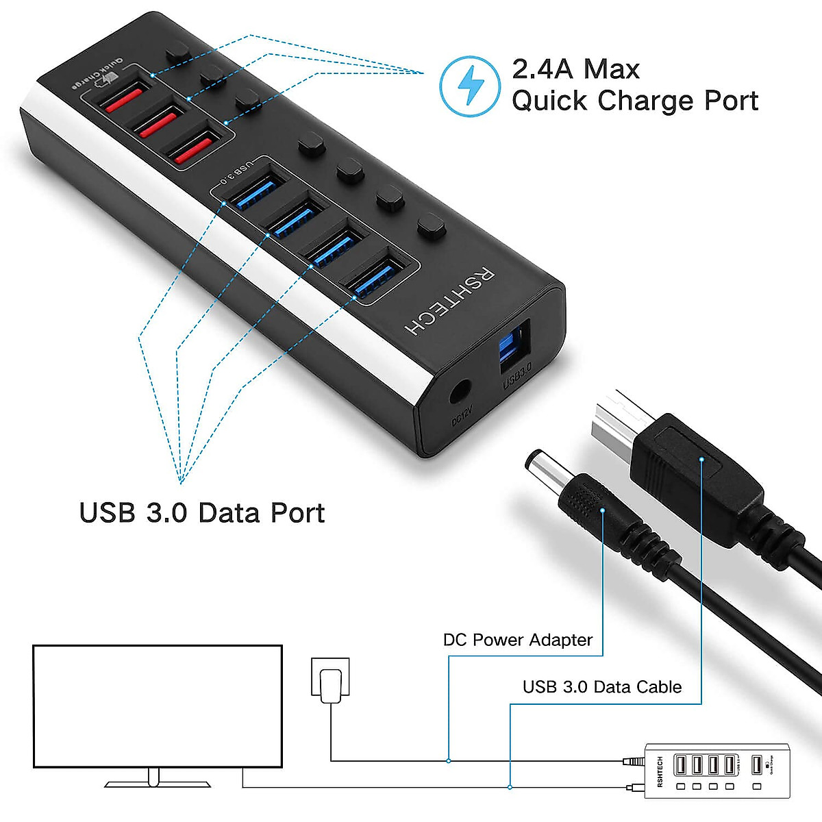 Powered USB Hub RSHTECH 7 Ports USB 3.0 Hub with 4 High Speed Data Transfer Ports + 3 Fast Charging Ports,36W 12V/3A Power Adapter and Individual On/Off Switches(A37-Black)