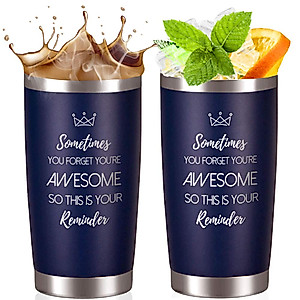 MOSAJOY Thank You Gifts for Women Sometime You Forget You're Awesome So This Is Your Reminder Wine Tumbler- Birthday Gifts for Friend 20oz Stemless Insulated Cup with Lid (You Are Awesome, Navy Blue)
