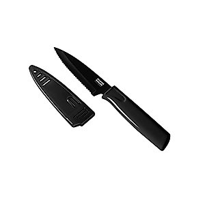 KUHN RIKON Colori Non-Stick Serrated Paring Knife with Safety Sheath, 4 inch, Black