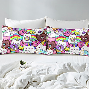 Feelyou Girls Unicorn Bedding Set for Kids Children Cute Dreamy Cat Print Comforter Cover Decorative Magical Kitten Animal Duvet Cover Cartoon Donuts Bedspread Cover Twin Size 2Pcs Bedclothes