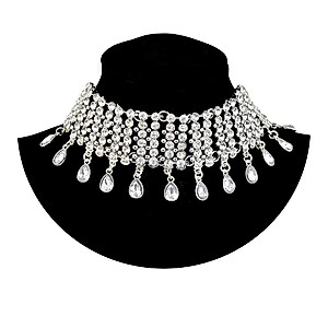 Joygulls Sexy Shining Crystal Full Rhinestone Choker Necklace Water Drop Pendant Necklace Statement Necklaces Wide Collar Necklaces for Lady Party Jewelry (Silver)