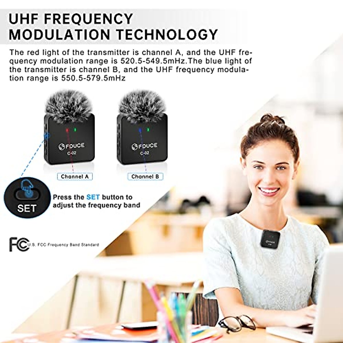FDUCE UHF Wireless Lavalier Microphone System, Compatible with phones and Cameras for YouTube, Tiktok, Interview(Dual Transmitters)