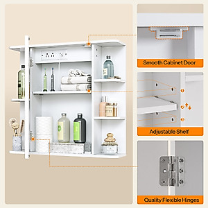 HOOBRO Bathroom Medicine Cabinet with Mirror, Wall-Mounted Cabinet with Storage, Lighted Medicine Cabinet with LED Lights, Charging Station, Adjustable Shelf, 5 Open Shelves, White