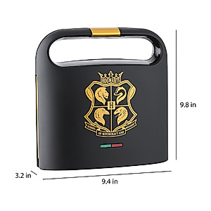 Warner Brothers Harry Potter Dual Sandwich Maker by Select Brands - Ceramic Coated Cooking Plates - Imprints Hogwarts Crest and Harry Potter Glasses on Toasted Sandwiches, Black and Gold, WBH-100SM