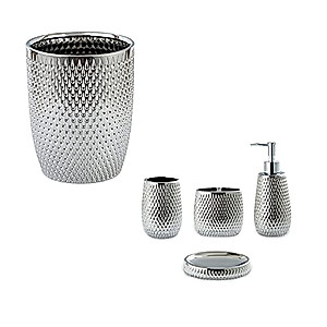 BASDHE Bathroom Accessories Set 5 Piece Bath Ensemble Includes Trash Can,Toothbrush Holder,Toothbrush Cup,Soap Dispenser,Soap Dish for Decorative Countertop and Housewarming Gift, Grey