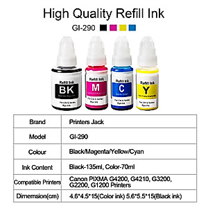 Printers Jack Compatible Canon GI-290 Refill Ink Bottle Kit for Canon PIXMA G4200, PIXMA G3200, PIXMA G4210, PIXMA G2200, PIXMA G1200 Printers