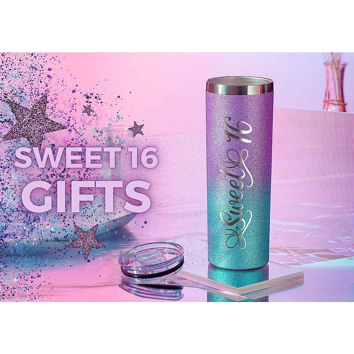 Onebttl Sweet 16 Gifts for Girls, Her, Daughter- Sweet Sixteen - 20oz/590ml Stainless Steel Insulated Glitter Tumbler with Straw, Lid, Message Card - (Purple-Blue Gradient)