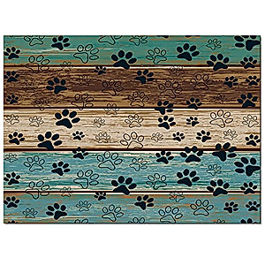 Seven Roses Indoor Area Rug, Paw Print Filling Non Slip Carpet Pad Bathroom Mat, Rustic Teal Brown Beige Wood Kitchen Runner Area Rug for Bedroom/Living Room/Kids Room 4'x6'