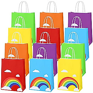Aodaer 24 Pieces Rainbow Party Treat Bags Craft Gift Bags with Handles Colorful Candy Paper Bags 6.3 x 3.1 x 8.7 Inches for Celebration, Wedding, Birthday