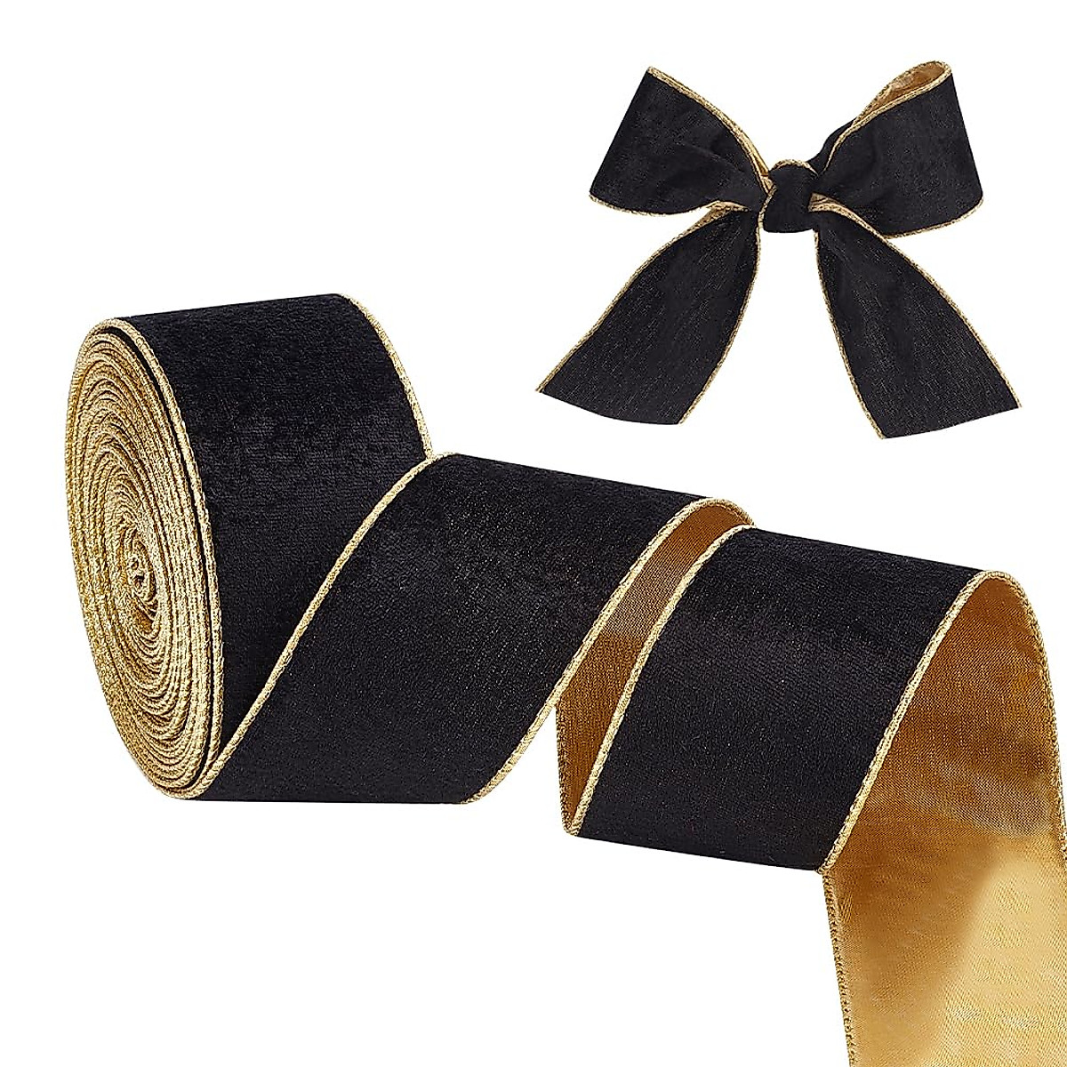 OLYCRAFT 10 Yards Velvet Wired Ribbon 2.5 Inch Black Gold Soft Velvet Ribbon Wired Black Flat Cotton Ribbons with Gold Backing for Gift Wrapping DIY Crafts Bouquet Decorations