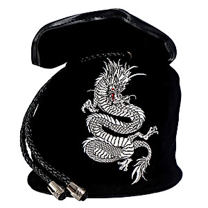 Large Dice Bag with 7 Complete Dice Sets | Dragon DND Dice Bag and 49 Polyhedral Dice | Black Dice Bag with Pockets