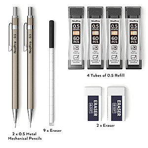Nicpro 2 PCS 0.5 mm Metal Mechanical Pencils Set, Drafting Pencil for Artist Writing, Sketching, Drawing, with 4 Tubes HB Lead Refill & Erasers, Erasers Refills & Storage Case