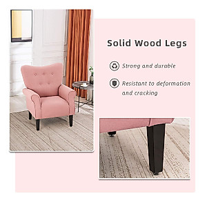 YOLENY Modern Accent Chair,High Back Armchair,Upholstered Fabric Button Single Sofa with Wooden Legs for Living Room,Bedroom,Club,Light Pink