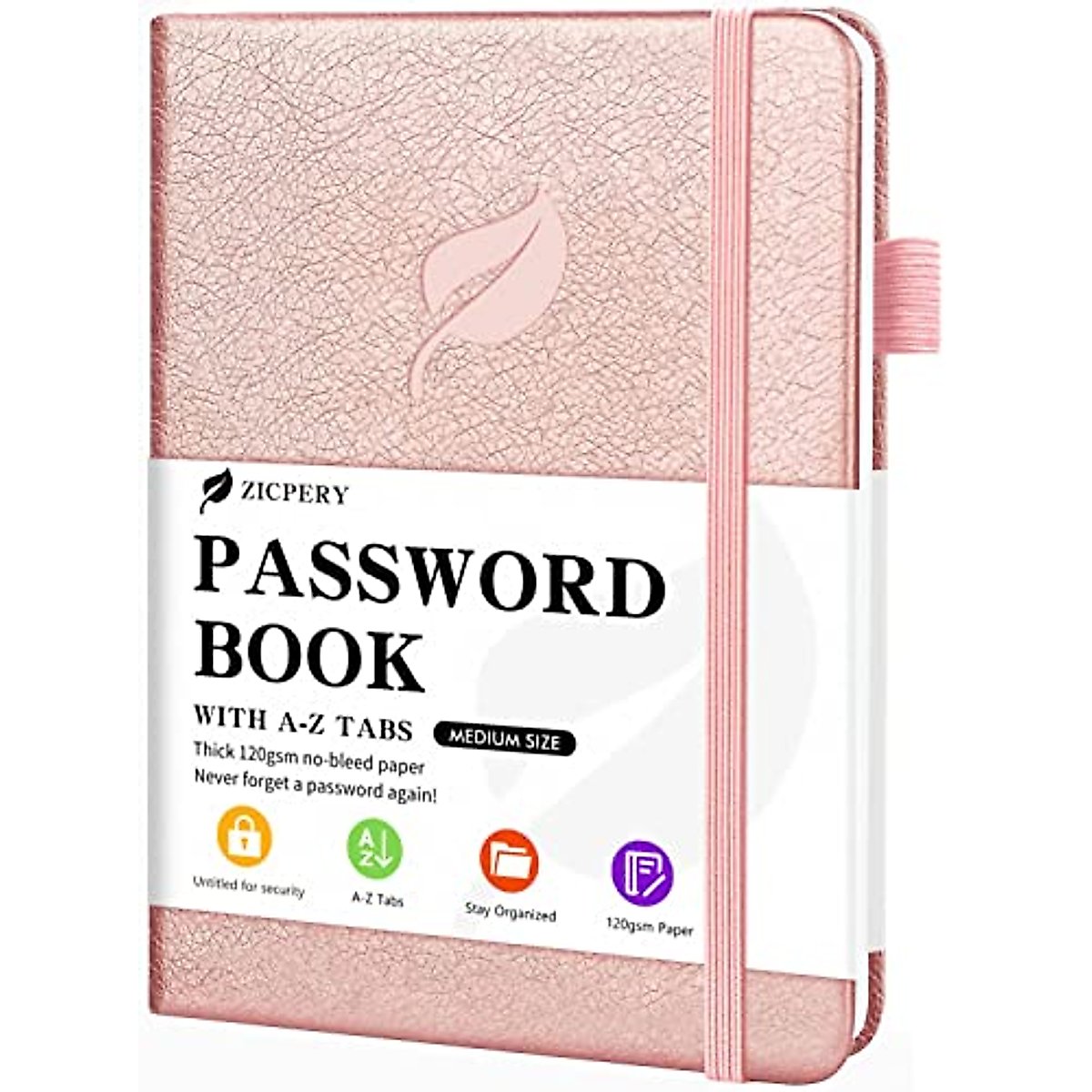 ZICPERY Password Book with Alphabetical Tabs - Premium Leatherette Hardcover Internet Password Keeper Logbook - Untitled Medium Size Password Notebook & Organizer for Home or Office (Rose Gold)