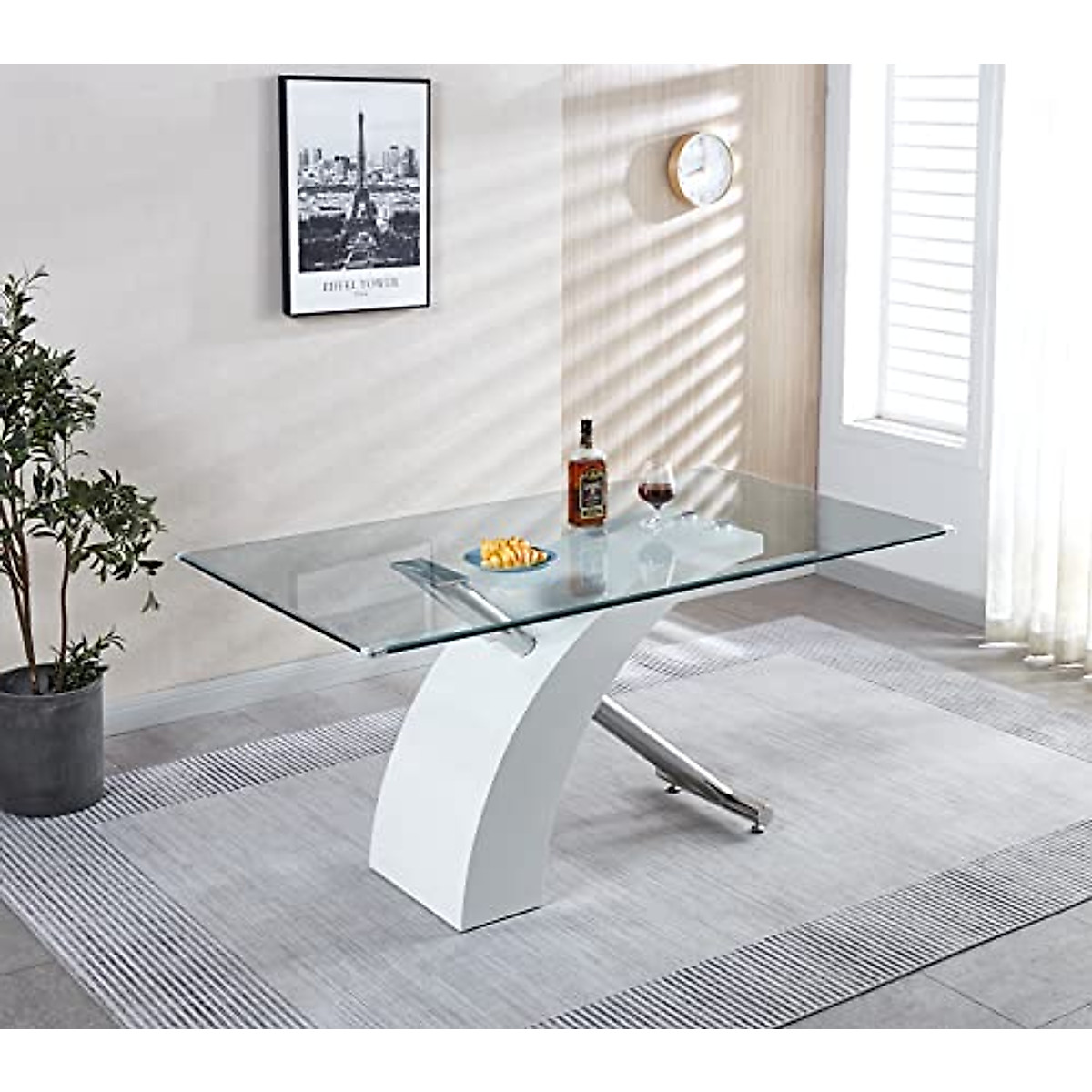 63" Contemporary Rectangular Tempered Glass Dining Table with X-Shape Pedestal Base Mid-Century Rectangular Kitchen Dining Room Table for Dining Room Home Office Meeting Table (White- X Base)