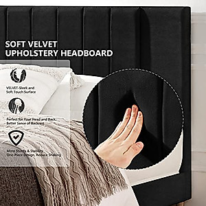 Flolinda Full Size Platform Bed Frame with Velvet Upholstered Headboard and Wooden Slats Support, Fully Upholstered Mattress Foundation/No Box Spring Needed/Easy Assembly, Black