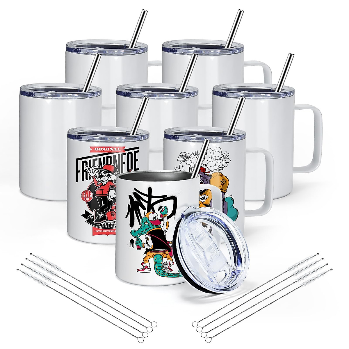 AGH 8 Pack Sublimation Mugs Blanks, 12 oz Stainless Steel Sublimation Coffee Tumbler with Handle and Sliding Lid, Sublimation Tumblers Blanks, Double Walled Vacuum Insulation for Coffee