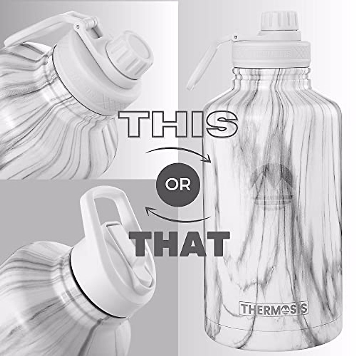 Thermosis 64 Oz insulated water bottle Stainless Steel Water Bottle with Straw & Holder Strap - Includes 2 Lids water bottles - Leak Proof water bottle for Men & Women - White Marble