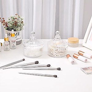 rejomiik 2 Pack Qtip Holder Dispenser Thick Glass Apothecary Jars with Lid for Bathroom Canister Storage Organizers for Vanity, Counter, Makeup Tables for Cotton Swabs, Ball, Floss, Candy, Clear