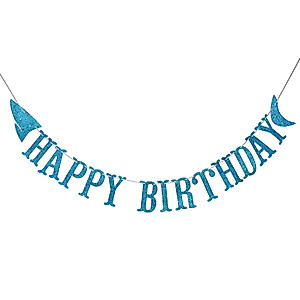 Shark Happy Birthday Banner and Shark Garlands, Ocean Beach Under The Sea Theme Party, Shark Party Supplies (Blue)