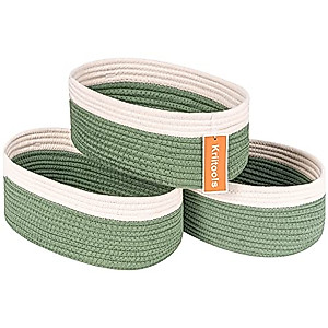 Kriitools Shelf Storage Baskets for Organizing|Cute Basket for Closet&Blanket Storage|Small Woven Baskets to Store Toys,Books,etc.-13x8.66x5.11’’ Cotton Rope,Stylish,Oval 3 Packs Off White&Green