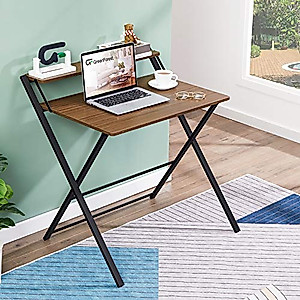 GreenForest Small Folding Desk No Assembly Required, Fully Unfold 27.3 x 22 inch 2-Tier Computer Desk with Shelf Space Saving Foldable Table for Small Spaces, Espresso