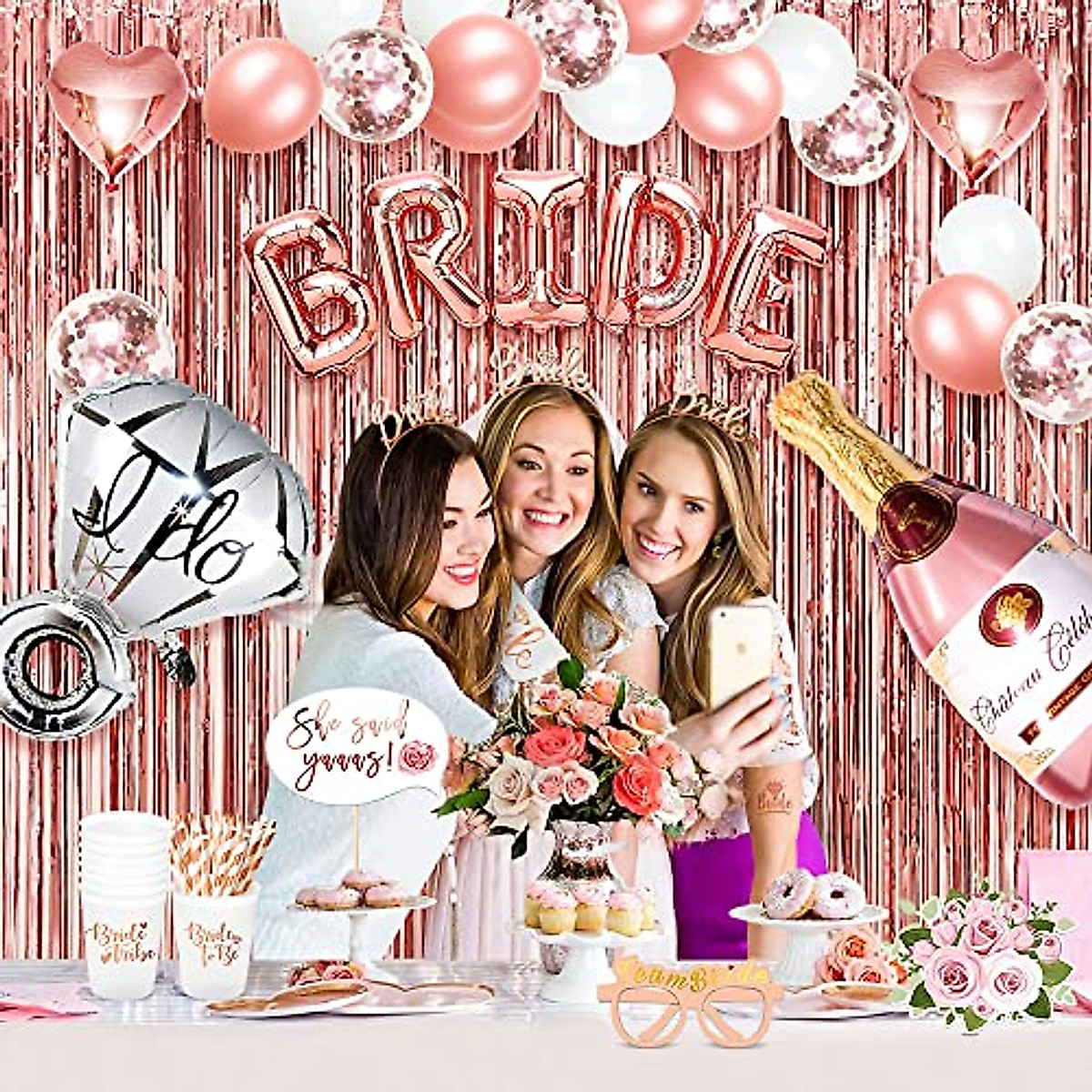 MOVINPE Bachelorette Party Decorations, Bride to Be Sash, Veil, Tiara, Photo Booth Props, Foil Curtains, Champagne Ring Balloon, Cups, Straws, Tattoos, Rose Gold Bridal Shower Party Supplies Decor