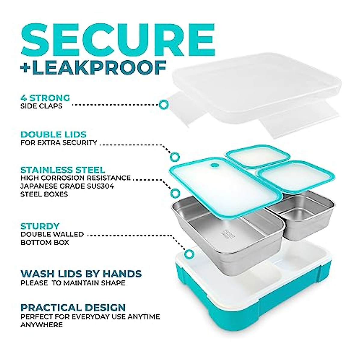 Stainless Steel Bento Lunch Box for Adults Kids with Insulated Bag and Ice Pack, Set of 3 Large Leakproof Meal Prep Food Containers for Men or Women, Lunch-Boxes for Work or School, 42 oz Teal Blue