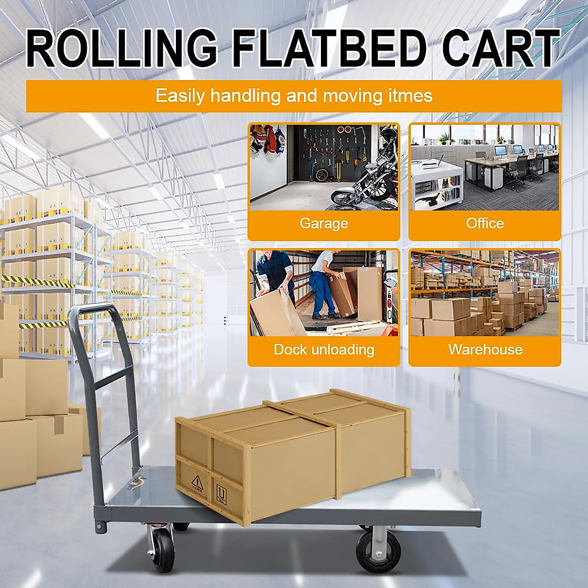 DMC-FPPS 48" L x 24" W Steel Platform Truck 2000 Lb. Loading Capacity Heavy Duty Flatbed Hand Truck Utility Push Cart with 6"x4" Rubber Casters