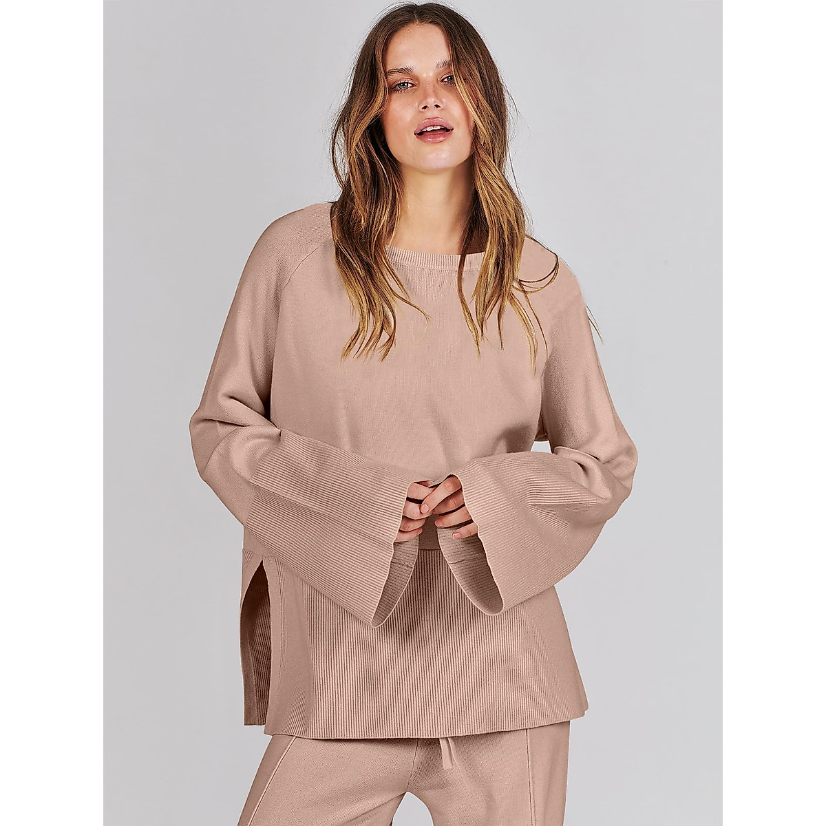 ANRABESS Womens 2 Piece Outfits Oversized Knit Sweater Set Wide Leg Pant Cozy Lounge Matching Pajama Sets 2024 Trendy Clothes Deep Apricot X-large