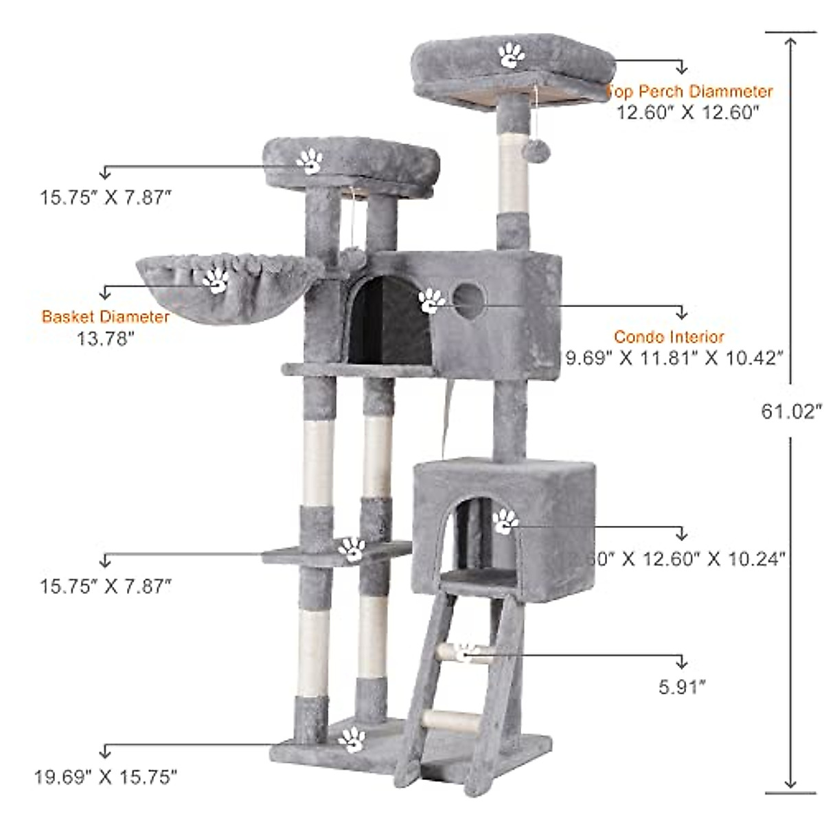 Heybly Cat Tree, Cat Tower for Indoor Cats,Multi-Level Cat Furniture Condo for Large Cats with 2 Padded Plush Perch, Cozy Basket and Scratching Posts HCT023W
