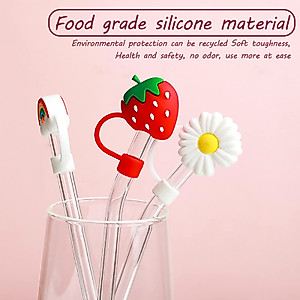 6 PCS Straw Covers Cap with 6 Reusable Drinking Straws,6-8mm Cute Flowers Fruit Straw Toppers for Normal Cup Silicone Straw Tip Covers Kawaii Drinking Dust-Proof Straw Plugs