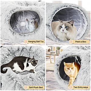 Lonepetu Plush Cat Tunnel Bed for Indoor Cats, Collapsible Cat Donut Tunnel with Central Mat, Fluffy Cat Cave Tube with Hanging Ball for Cat Kitten Rabbit Puppy Ferret