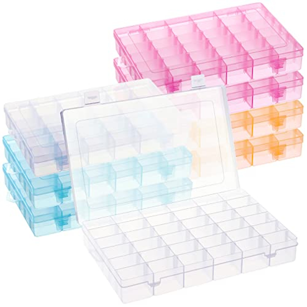 8 Pack 36 Grids Plastic Organizer Box Container Craft Organizer with Adjustable Dividers, Beads Organizer Storage Box for Fishing Tackles Crafts Jewelry Thread Tackle, Clear Blue Pink Orange