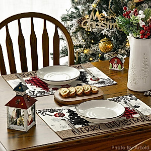 Artoid Mode Red Pine Trees Balls Merry Christmas Placemats Set of 4, 12x18 Inch Winter Xmas Table Mats for Party Kitchen Dining Decoration