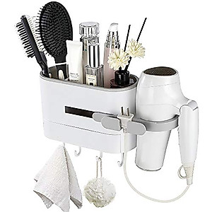 JIEFA Bathroom Storage Rack, No Need to Drill Stick Wall Mounted Hair Dryer Holder, Bathroom Storage Box, 4 Hooks (Grey)