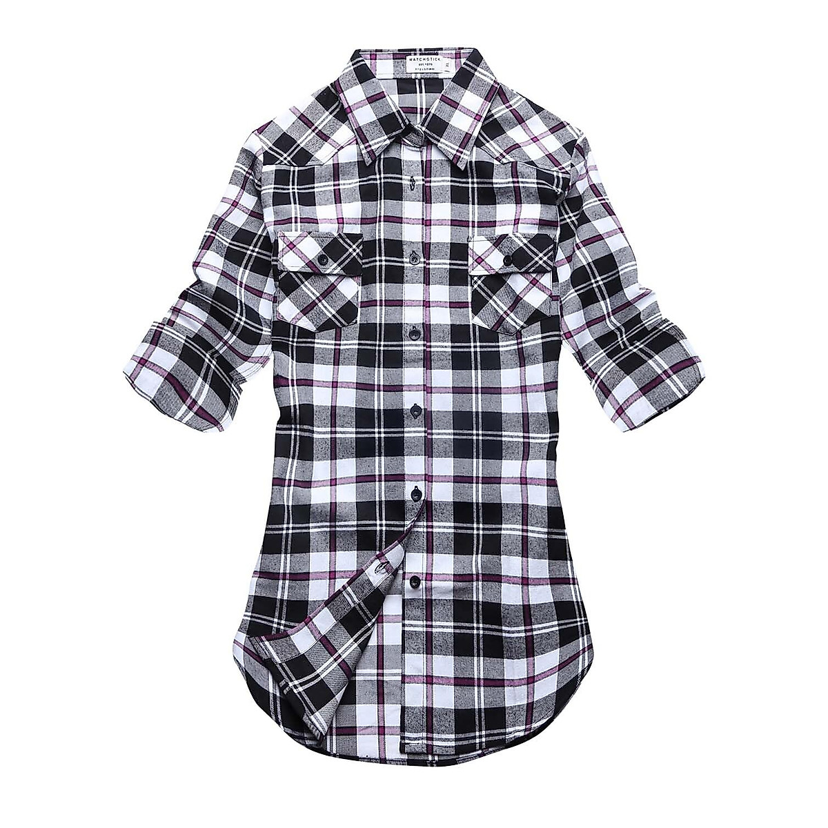 Match Womens Button Down Flannel Plaid Shirts roll up Long Sleeve Shackets Business Blouse Top (Large, Checks#5)