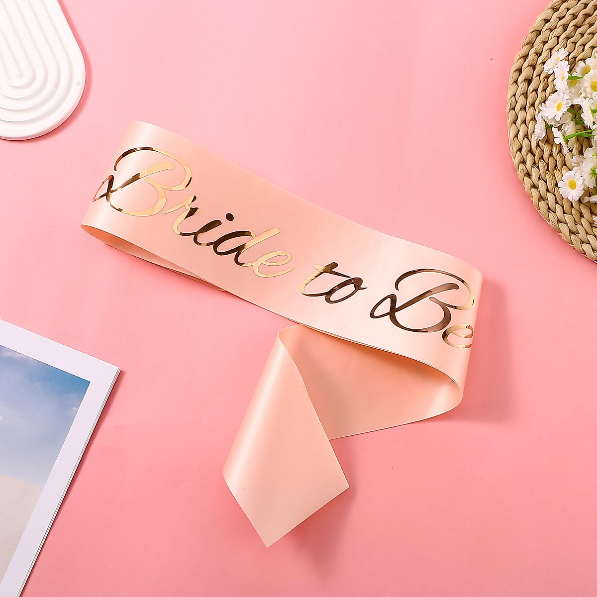 Generic Bride to Be Sash, Bride Sash for Bridal Shower, Bachelorette Sash, Bachelorette Party Wedding Engagement Party Favors Gift Accessories Pink Satin Sash with Gold Lettering (Pink)