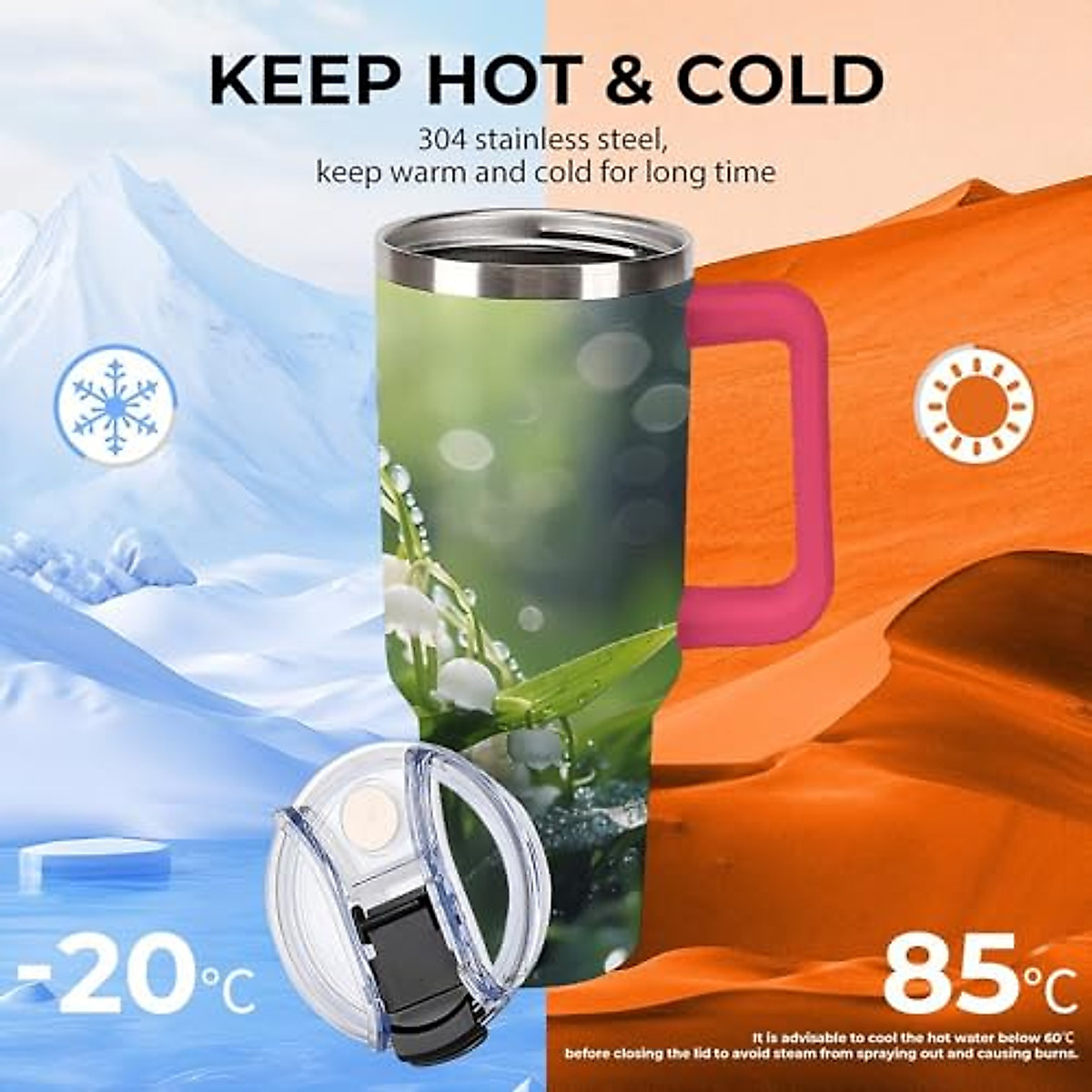 Lily of The Valley Flowers Green Leaves 40 Oz Car Cup Stainless Steel Travel Mug Leak-Proof Insulated Tumbler with Handle Light Rose Red-style