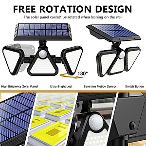 LUSCREAL Solar Lights for Outside, 180LED Motion Sensor Outdoor Lights, 270° Wide Angle Solar Motion Lights Outdoor IP65 Waterproof, 3 Heads Outdoor Solar Security Lights for Garage Yard Patio, 1Pack