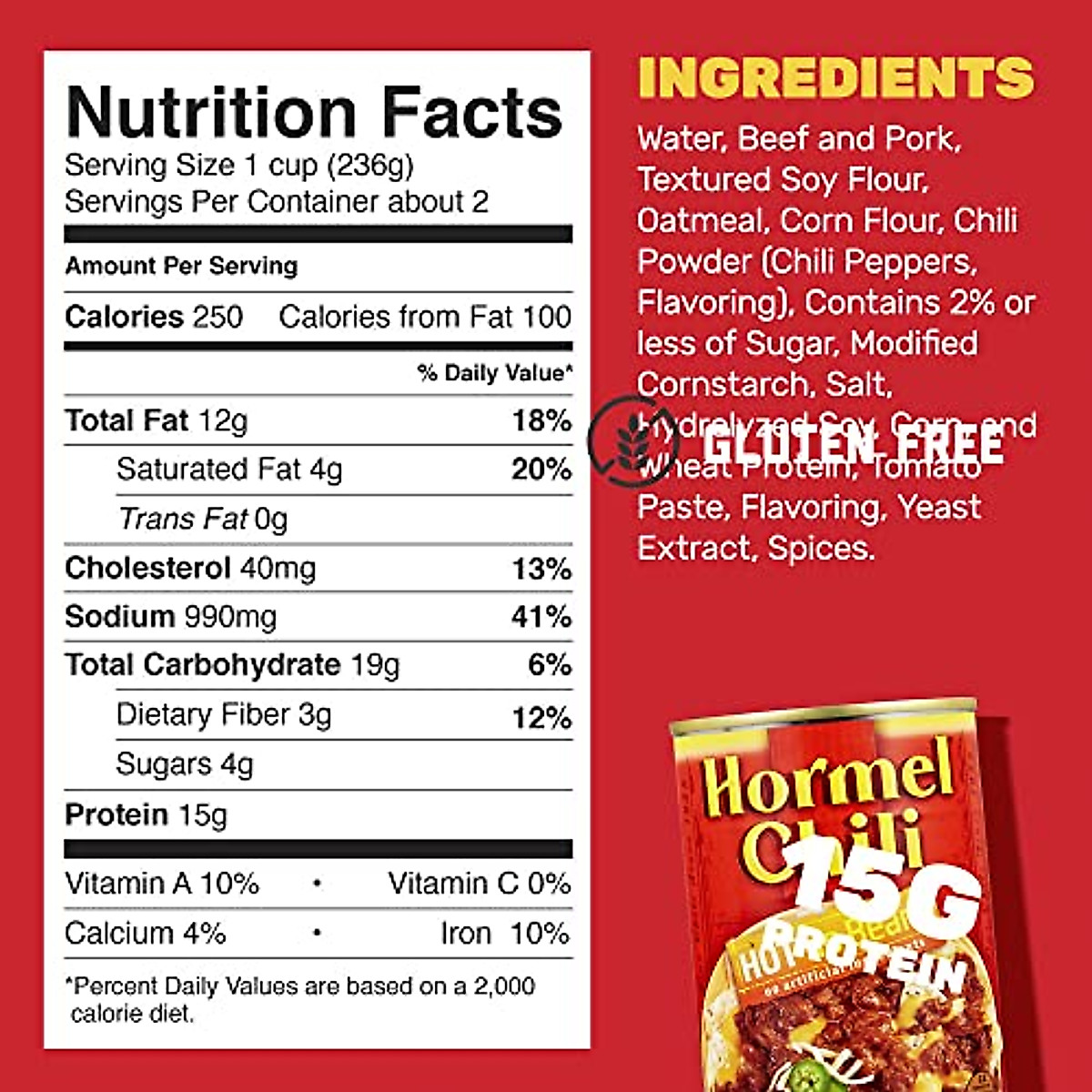 HORMEL Chili Hot No Beans, No Artificial Ingredients, 15 Oz