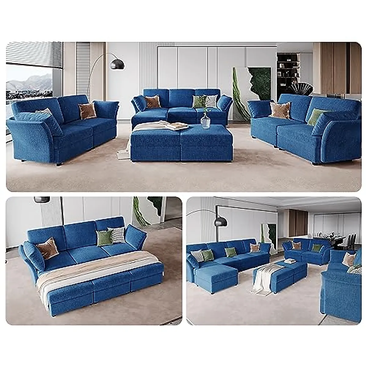 Amerlife Sectional Sofa, Convertible Sofa- Modular Sectional Sofa, 8 Seats U Shaped sectional with Ottomans, Reversible Sofa Couch for Living Room, Blue Linen