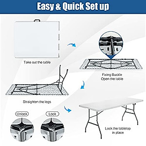 Giantex Folding Picnic Table, 6FT Card Table HDPE, Portable Foldable Tables for Party BBQ, Metal Legs, White Outdoor Camping Table with Handle, No Assembly (White)
