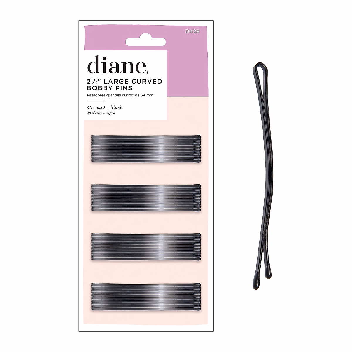 Diane Hair Bobby Pins for Women â€“ Large 2.5â€ - Black, Curved Flat Design with Ball Tips, D428-40 Count (Pack of 1)