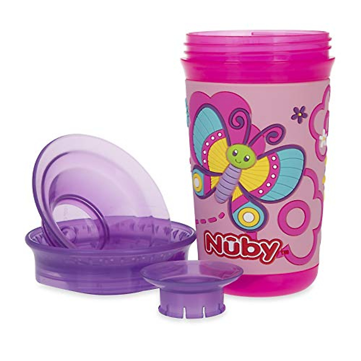 Nuby 360 Degree Easy Sip 3D Grip Wonder Cup with Printed Silicone Sleeve, Purple, Butterfly, 10 Oz