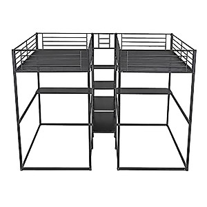 Harper & Bright Designs Double Loft Bed with Desk, Twin & Twin Size Loft Bed with Stairs and Storage Shelves, Twin Over Twin Metal Bunk Bed Frame for Kids Teens Adults, Black