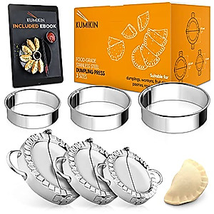 KUMIKIN Dumpling Maker – Empanada Maker Press Set of 3 – Food-Grade Stainless Steel Dumpling Press in 3 Sizes – Pierogi Maker with Included Recipe eBook – Easy to Use and Multifunctional