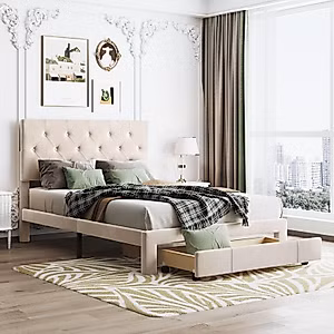 Altillo Full Size Velvet Upholstered Platform Bed Frames with Large Storage Drawer, Mid-Century Modern Platform Bed with Solid Wood Slat Support for Bedroom Boys Girls, Under Bed Storage, Beige
