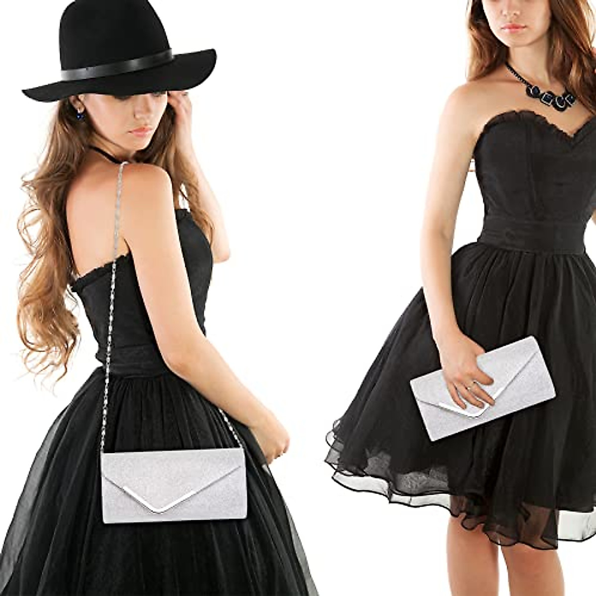 Larcenciel Silver Clutch Purses for Women, Shiny Sequin Envelope Clutch Evening Bag w/Chain, Fashion Shoulder Crossbody Handbags, Sparkly Party Prom Purse Bride Wedding Guest Clutch Dress Carry on Bag